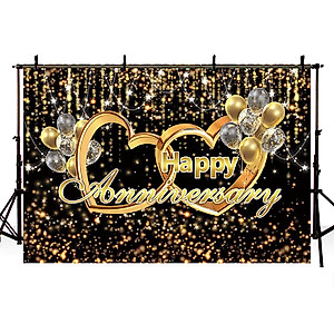 AIBIIN 10x7ft Black Gold Happy Anniversary Backdrop Gold Glitter Bokeh Spot Wedding Anniversary Bridal Shower Photography Background Cheers to Wedding Miss to Mrs Party Decoration Banner Photo Prop