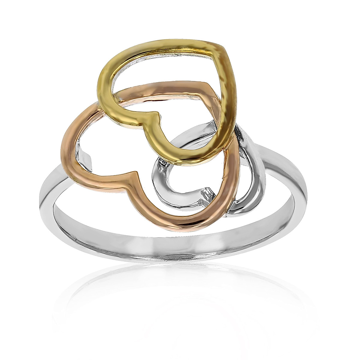 VIR JEWELS Fashion Heart Ring 3 Hearts Trio Color Pink and Rose Gold Plated Sterling Silver Size 9
