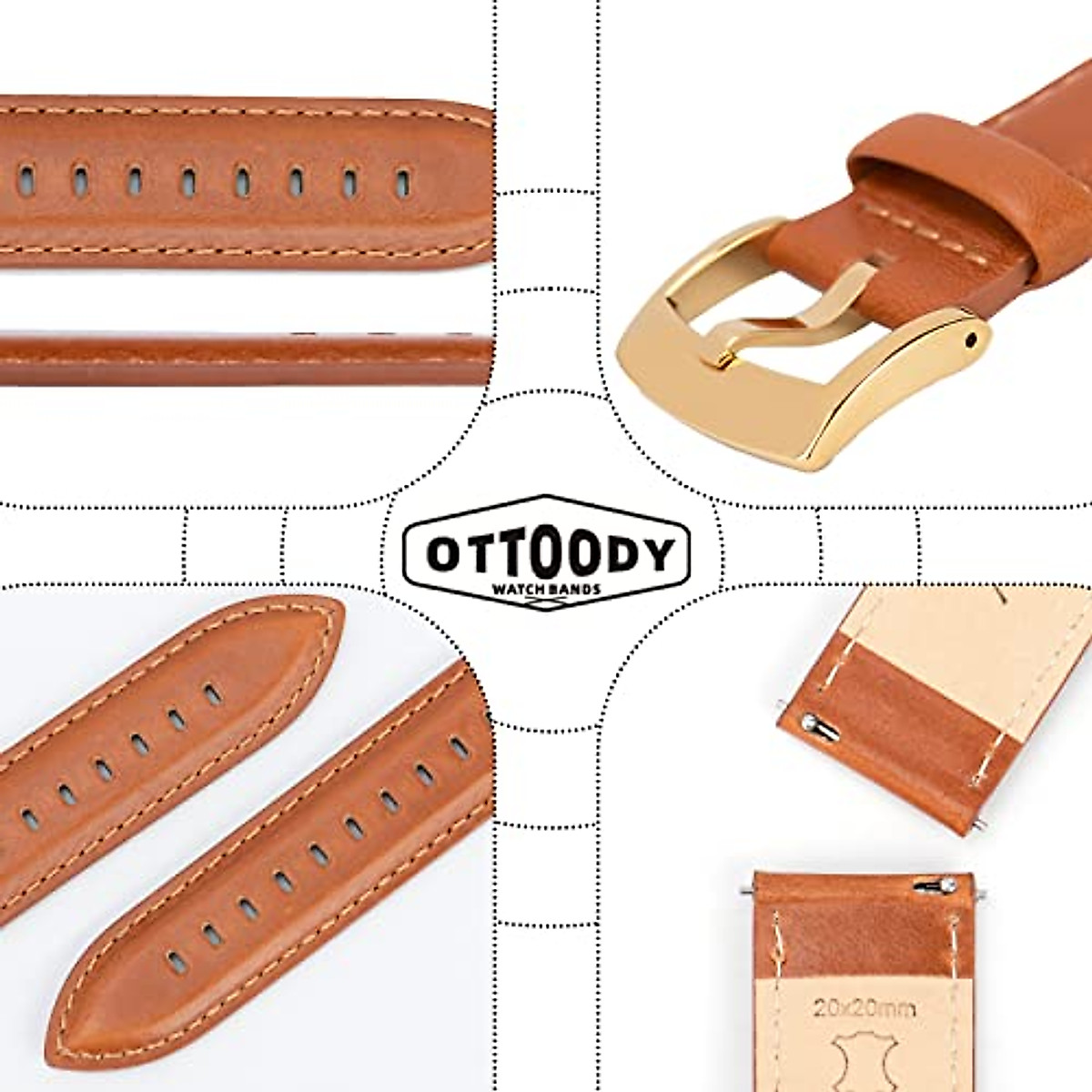 OTTOODY Leather Watch Bands Quick Release, Elegant Top Grain Leather Watch Straps for Men & Women, Choice of Color & Width - 18mm, 19mm, 20mm, 21mm or 22mm Wristbands Bracelet for Watch & Smartwatch