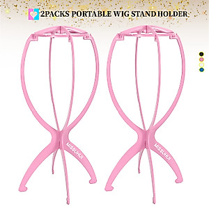 MISSUHUI Wig Stand Wig Holder, Short Wig Stand Portable Wig Head Stand, Collapsible Wig Holder for Multiple Wigs, Wig Display Stand Tool Travel Wig Stand (2Pcs Pink)