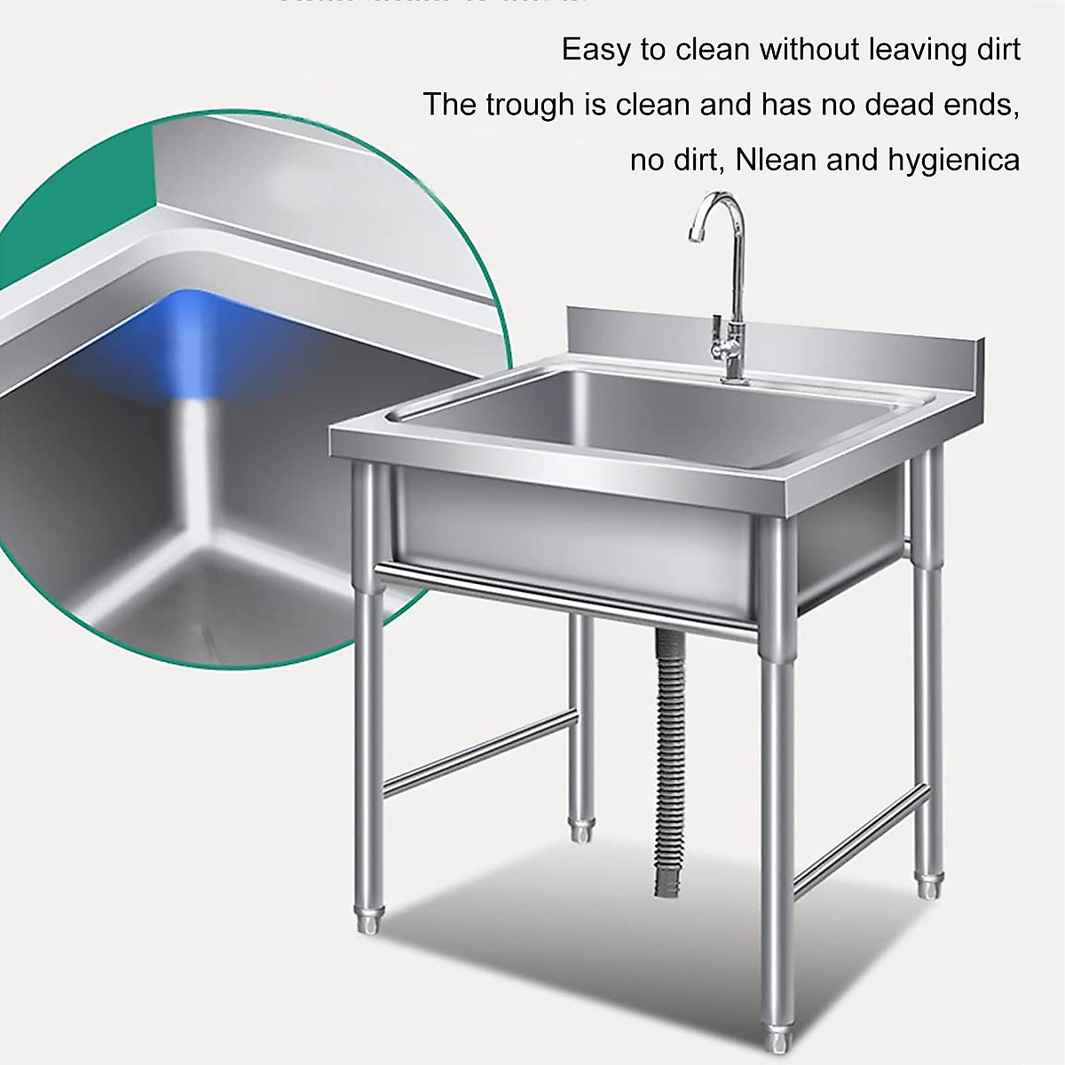 ALEEJA Thick Stainless Steel Vegetable Sink, Commercial Kitchen Sink Free Standing Single Bowl Sink with Faucet Prep & Utility Sink for Bathroom Restaurant Farmhouse Workstation