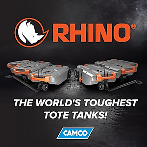 Camco Rhino 28-Gallon Portable Camper / RV Tote Tank - Features Large Heavy-Duty No-Flat Wheels & Built-In Gate Valve - Removable Steel Tow Adapter, 3’ RV Sewer Hose & More RV Accessories (39004)
