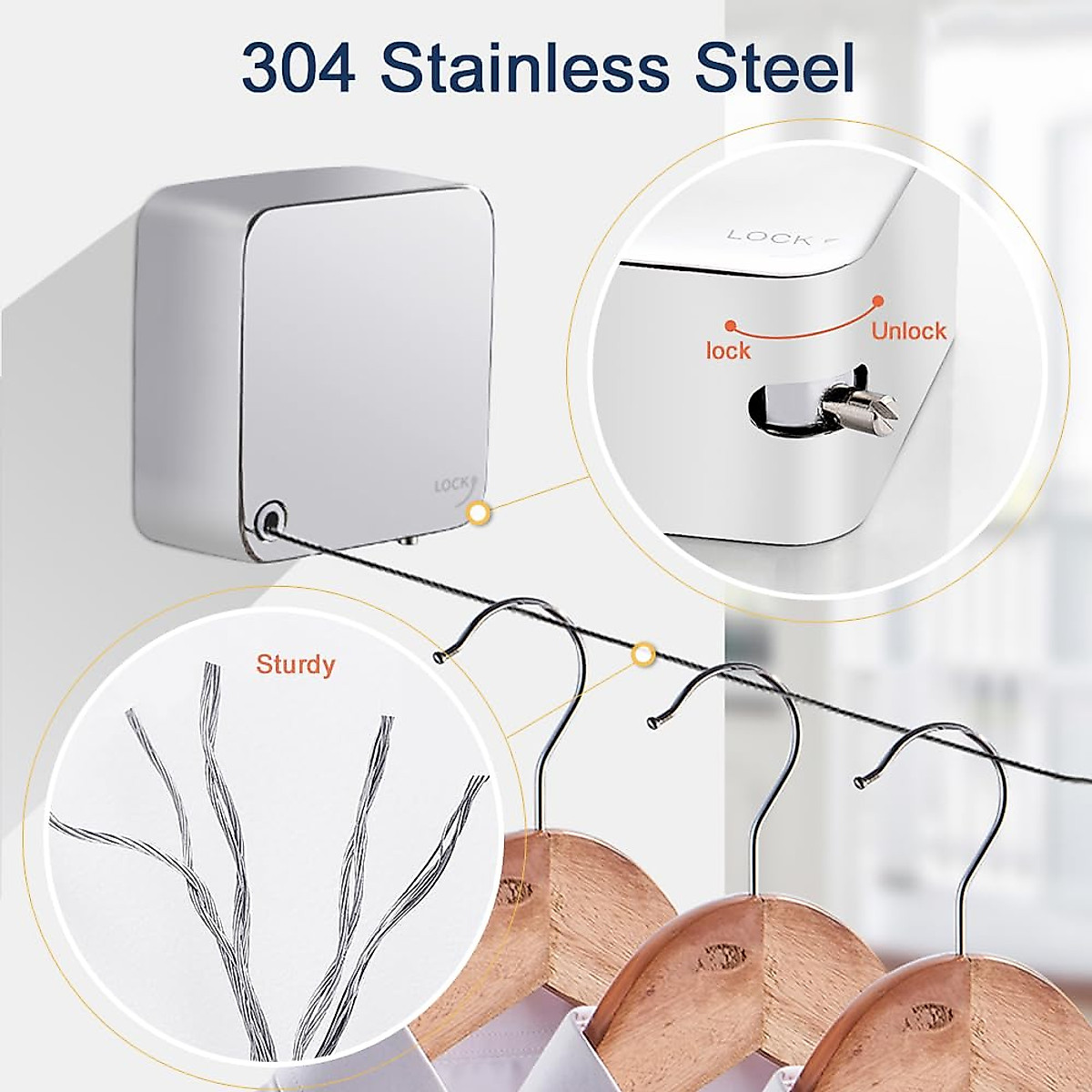 Retractable Clothesline Indoor Cord 11.5 Feets，Wall Mounted 304 Stainless Steel Clothes Line Dryer with Heavy Duty Adjustable Stainless Steel Rope String for Hanging Drying Bathroom,Laundry (Silver)