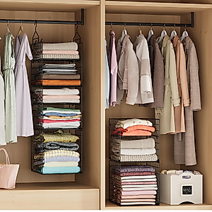 X-cosrack Hanging Closet Organizer and Storage - 5-Tier Closet Storage Organizer Baskets for Clothes & Adjustable Collapsible Metal Closet Hanging Organizer Shelves for Sweaters Shoes Handbags