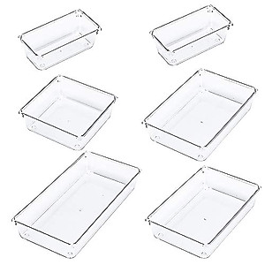 Slideep Clear Desk Drawer Organizer Trays, Dresser Desk Drawer Dividers Large Capacity Plastic Storage Bins for Cosmetic, Makeup Trays, Kitchen Gadgets, Office Accessories, 4 Different Sizes, 6 Pcs