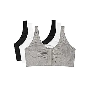 Fruit of the Loom womens Front Closure Cotton Sports Bra, Black/White/Heather Grey 3-pack, 36 US