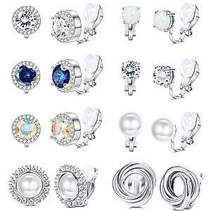 Jstyle 8Pairs Clip On Earrings for Women Halo Cubic Zirconia Opal Simulated Pearl Knot Non Pierced Clip Earrings Set Silver Tone