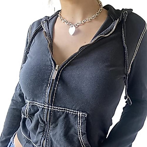 KMBANGI Women Y2K Zip Up Hoodie Casual Vintage Solid Sweatshirt Hoodies Aesthetic Long Sleeve Jacket with Pockets(M-Solid Black,S)