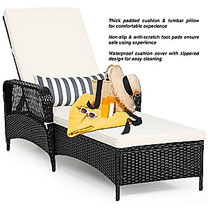 Black PE Rattan Patio Outdoor Chaise Lounge Chair Lounger Recliner Sunbathing Bed Thick Padded Cushion Lumbar Pillow 6 Adjustable Backrest Position Perfect for Poolside Deck Beach Balcony Use