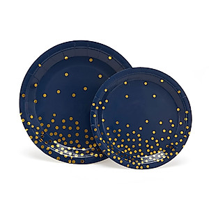DGVR Blue and Gold Party Supplies Disposable Party Dinnerware Set 125PCS Dark Blue Paper Plates Napkins Cups Serve 25 for Graduation Birthday Party Wedding
