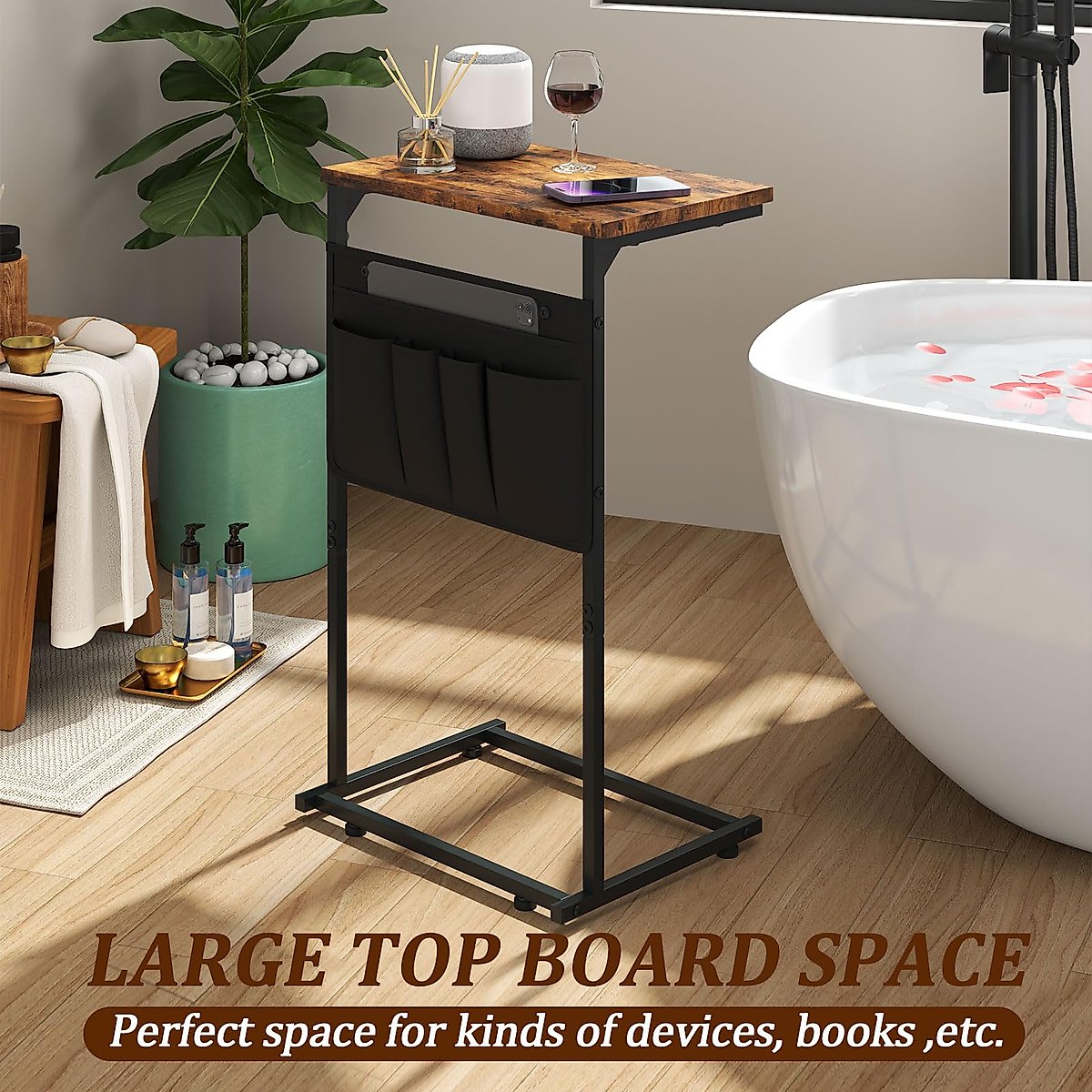 ZERDER C Shaped End Table, Small Side Table with Storage Bag for Couch, Sofa Table with Metal Frame for Living Room and Bedroom Bedside, Rustic Brown ZER-007Br
