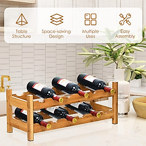 COSTWAY Wine Rack, Bamboo 12 Bottles 2-Tier Wine Display Rack for Countertop Home Kitchen Pantry, Free Standing Wine Storage, Rack Tabletop Wine Rack (Bamboo)