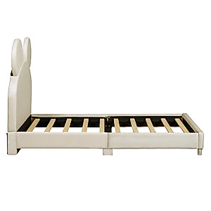 Harper & Bright Designs Twin Size Platform Bed with Bear Ear Shaped Headboard, Modern Velvet Upholstered Twin Bed Frame for Kids,Wood Twin Bed for Girls Boys, No Box Spring Needed, Beige