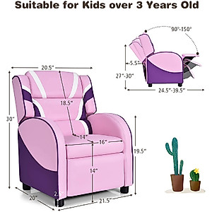Moccha Kids Recliner Chair with Side Pockets for Boys and Girls Room, Adjustable Kids Couch Chair w/Footrest, Ergonomic Toddler Furniture Sofa (Pink)