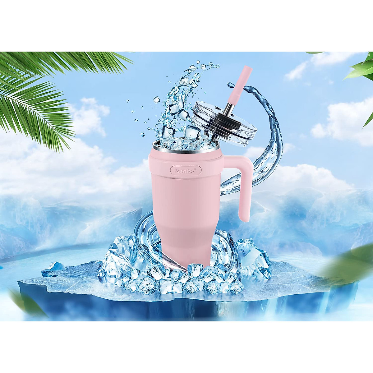 Zenbo 40 oz tumbler with handle and straw,Leak Proof Lid,Keeps Drinks Cold up to 34 Hours,Dishwasher Safe