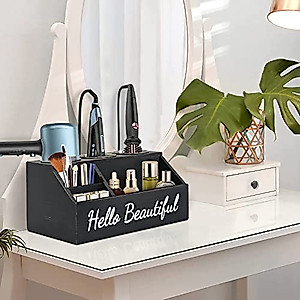 Wooden Black Hair Tools Organizer, Rustic Hair Dryer Holder, Bathroom Supplies Countertop Storage Stand and Vanity Caddy for Blow Dryer Curling Iron Hair Straightener Brushes Hair Styling Accessories