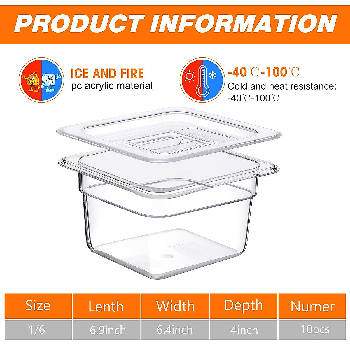 Sieral 10 Pcs Clear 1/6 Size Food Pan Restaurant Containers with Lids Square Cambro Storage Polycarbonate Salad Bar for Kitchen Food Prep (4 Inch,1.5 Quart)