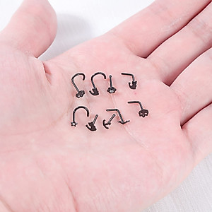 ZS 20G Corkscrew Nose Rings Surgical Steel L-Shaped Nose Studs Bat Skull Nose Bone Stud Nose Piercing Jewelry for Women (18pcs Black)