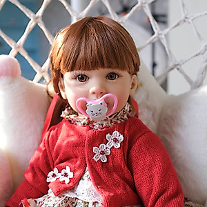 Zero Pam Lifelike Reborn Toddler Girl Doll 24 Inch Realistic Reborn Girl Dolls Weighted Newborn Baby Soft Cloth Body Long Hair Red Outfits Handmade Baby Toys Cute Plush Bear