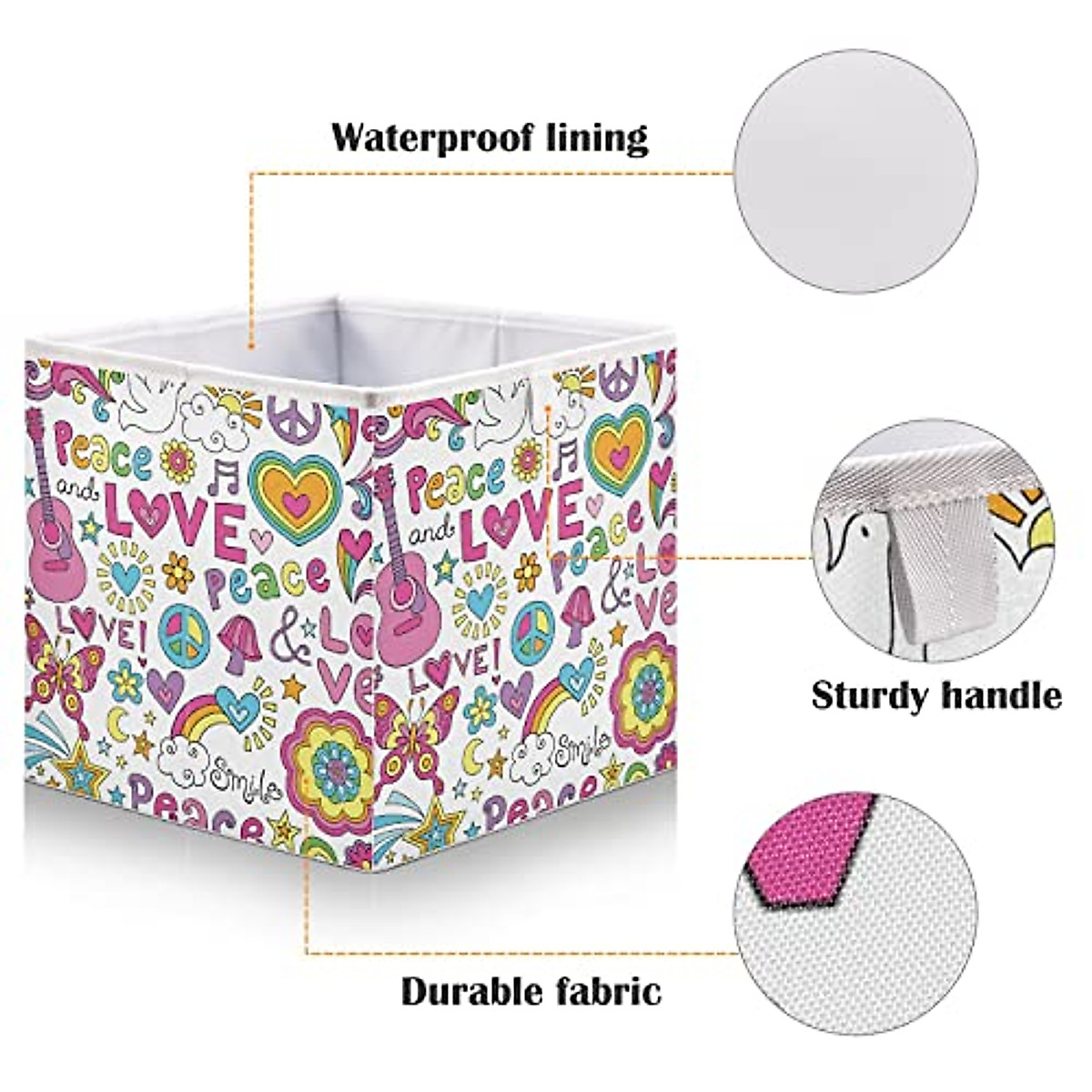 ALAZA Peace Sign Love Music Mushroom Flower Rainbow Storage Bin Organizer Foldable Basket for Closet Cabinet Shelf Office 15.75 x 10.63 x 6.96 Inch