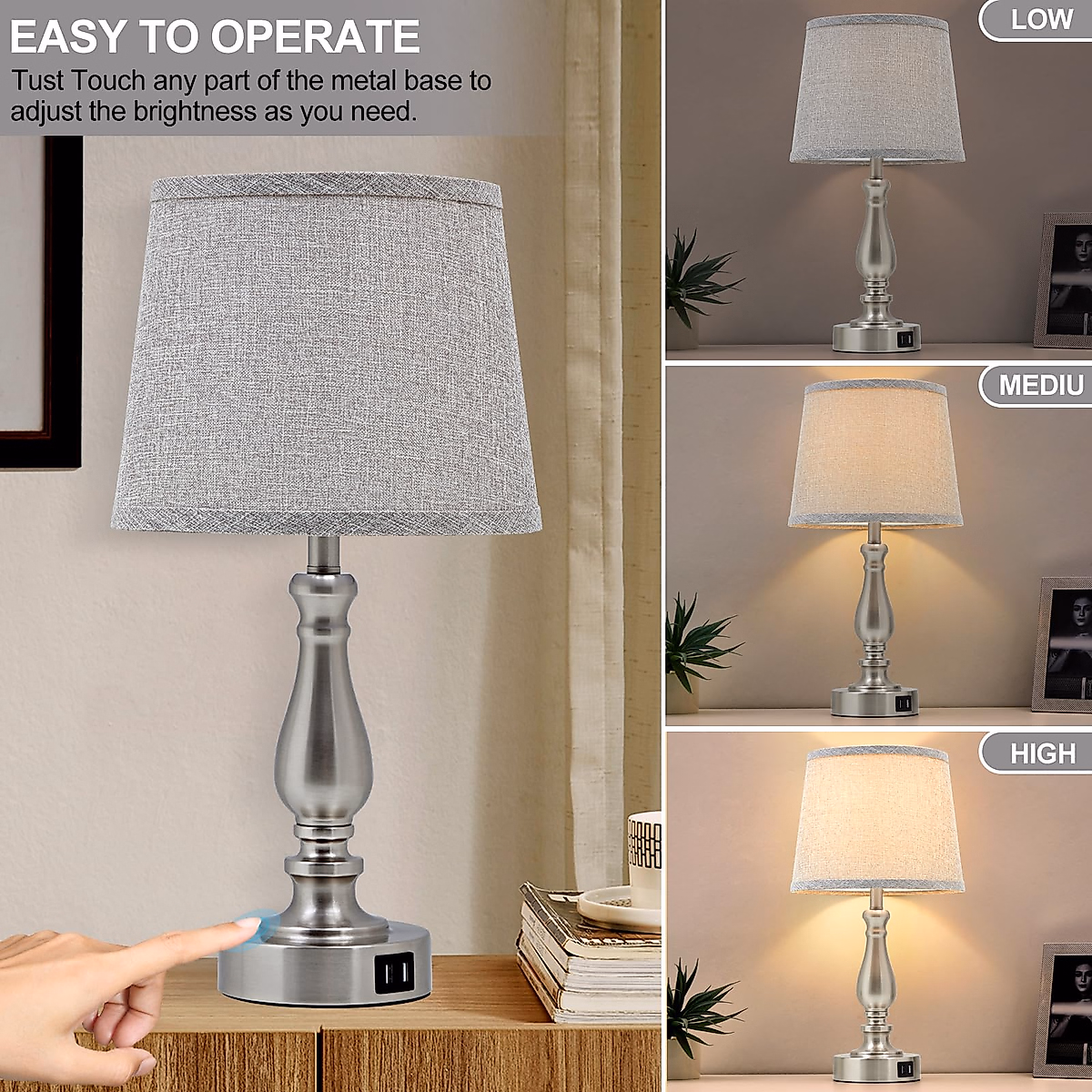 EJIAXIN Table Lamps for Bedroom Set of 2,3 Way Dimmable Touch Bedside Lamps with Dual USB A+C Ports - Nightstand Lamp for End Table Modern Night Stand Lamps for Living Room Guest Room