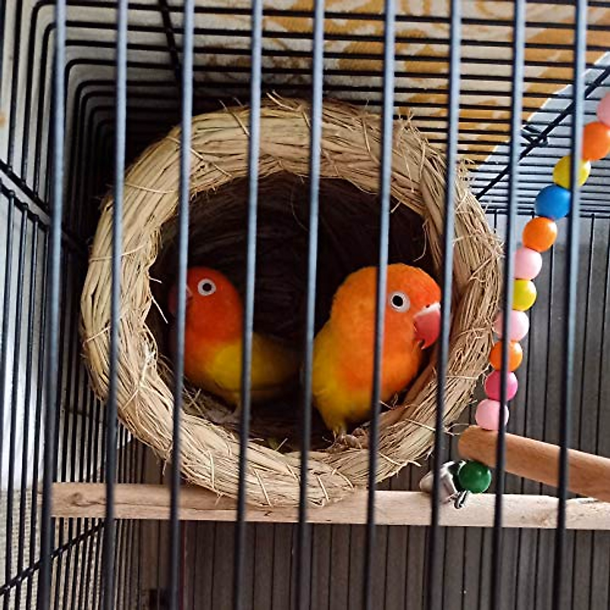 kathson Straw Bird Nest Natural Fiber Birdcage Birdhouse Parrot Hideaway Shelter Hut Parakeet Perch Hanging Bell Toys for Small Finch Canary Lovebird Resting Breeding Playing 4PCS