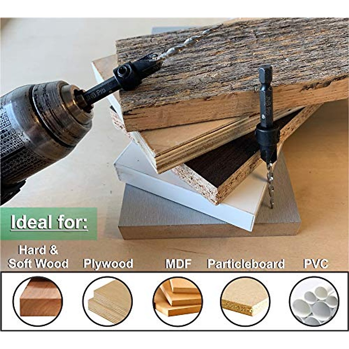 JNB Pro Wood Countersink Drill Bit Set JP0506, 5 Pc #6(9/64"), 2 Extra Bits 9/64 Tapered Drill Bit, 1 Adjustable Collar, 1 Wrench - 1/4" Quick Change Shank, Ideal Woodworking and Carpentry Tool Set