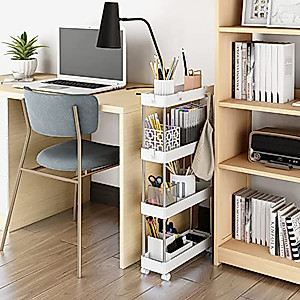 MELDEVO 4 Tier Slim Storage Cart Mobile Shelving Unit Organizer Slide Out Storage Rolling Utility Cart Tower Rack for Kitchen Bathroom Laundry Narrow Places, Plastic & Stainless Steel, White