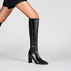 QXYRAUF Knee High Boots Women's Faux Crocodile long boots high heel boots GoGo Tall Boots Block Heel Pointed Toe Boots
