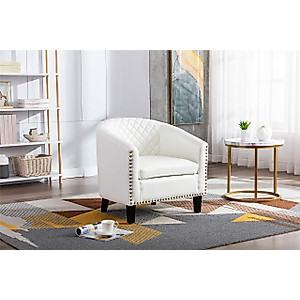 Accent Barrel Chair with Nail Head, Stylish Reading Armchair, Rivet Chair for Waiting Room, Leather Side Chair with Wood Legs,Modern Club Padded Chair for Living Room, Bedroom, Home & Office (White)