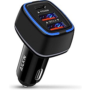 AILKIN 56W PD USB C Car Charger, Type-C Super Fast Power Charging Block 3-Port USB A & USBC Auto Cargador Carro Lighter Adapter for iPhone, iPad, Samsung Galaxy, LG, Google Pixel, Moto, USB-C&A Port