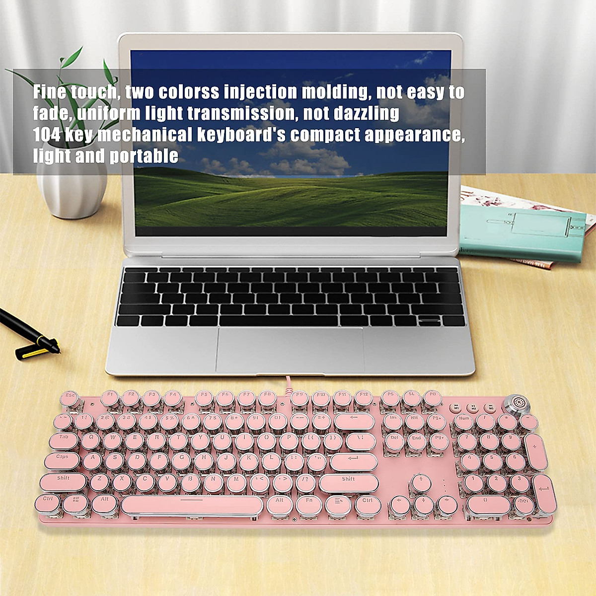 Pink Gaming Keyboard, Round Keycaps Mechanical Keyboard, Retro Punk Typewriter Keyboard, Pink and White Backlight, USB Wired, for Computer(Pink Punk)