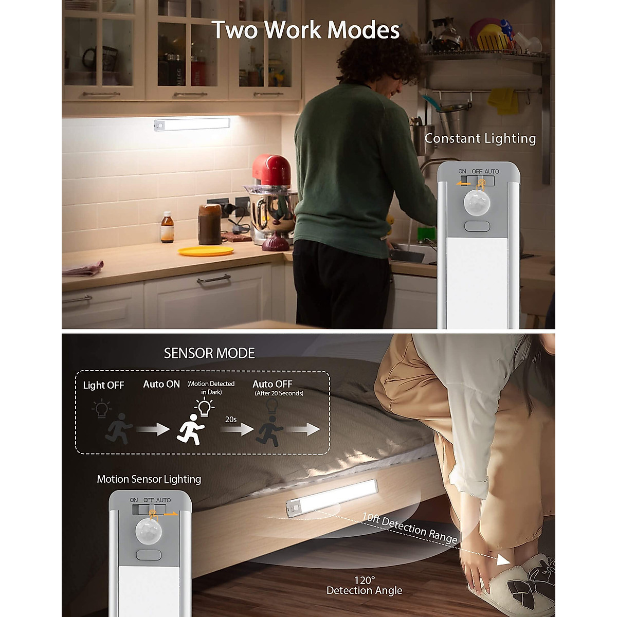 54-LED Under Cabinet Lights Wireless - Motion Sensor LED Kitchen Closet Counter Lighting with 1500mAh Rechargeable Battery & Magnetic Mount, Ideal Night Lights for Bedroom Babyroom Armoire Stair -2Pcs