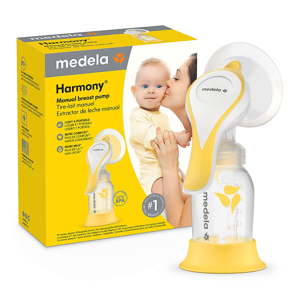 Medela New Harmony Manual Breast Pump with Flex Breast Shield and Ultra Thin Disposable Nursing Pads 120 Count, Single Hand Breastpump, Bra Pads with Leakproof Design, Contoured for Optimal Fit