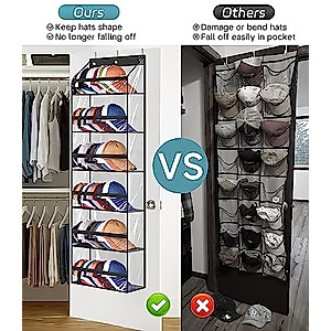AOODA Clear Over the Door Hat Racks for Baseball Caps, Large Holds up to 72 Caps Hat Storage Organizer for Closet Wall, Deep Pockets Hanging Hat Holder with 3 Hooks, Black