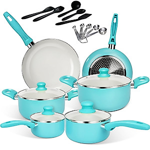Almcmy Nonstick Cookware Set, 20 Piece Kitchen Cookware Sets, Pots and Pans Cooking Set with Glass Lids, Stay-Cool Handles & Cooking Utensils, PFAS-Free, Dishwasher Safe, Oven Safe, Turquoise