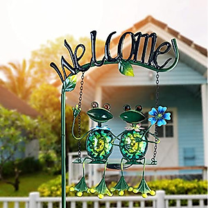 HONGLAND Outdoor Garden Solar Lights,Frog Swing Garden Decor,Frog Decorative Stake with Welcome Sign for Landscape Patio Yard (48 inch)