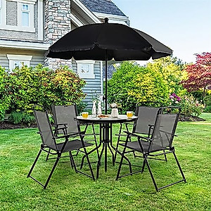 KFJBX 6 PCS Patio Dining Set Folding Chairs Glass Table Tilt Umbrella Garden