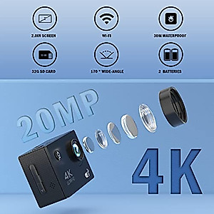 Action Camera 4K30FPS Ultra HD Waterproof Camera,98FT 30M Underwater Cameras and Remote Control 170° Wide Angle Video Recording Sports Cameras with 32G SD Card & 2 Batteries Accessories Kit