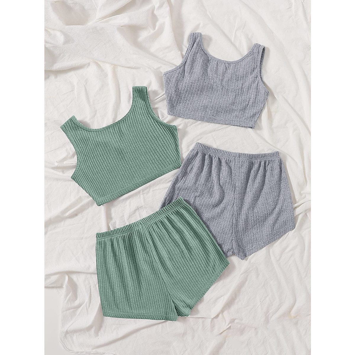 Milumia Women's 4 Pieces Ribbed Knit Crop Tank Top and Drawstring Waist Shorts Pajama Set Loungewear Grey and Green Large