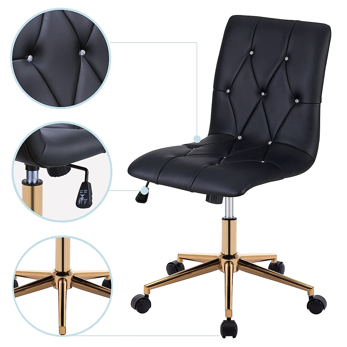 DUHOME Leather Home Office Chair, Armless Black Desk Chair with Gold Base, Adjustable Task Chair Computer Chair Rolling Chair with Wheels for Teens
