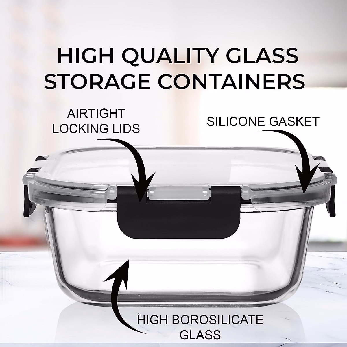 2 LARGE 1200ML / 42 Oz Glass Food Storage Containers w/Airtight Lids - Microwave/Oven/Freezer & Dishwasher Safe - BPA/PVC Free + Leak Proof - Ideal for Baking & Storing food. Keeps Food Fresh longer