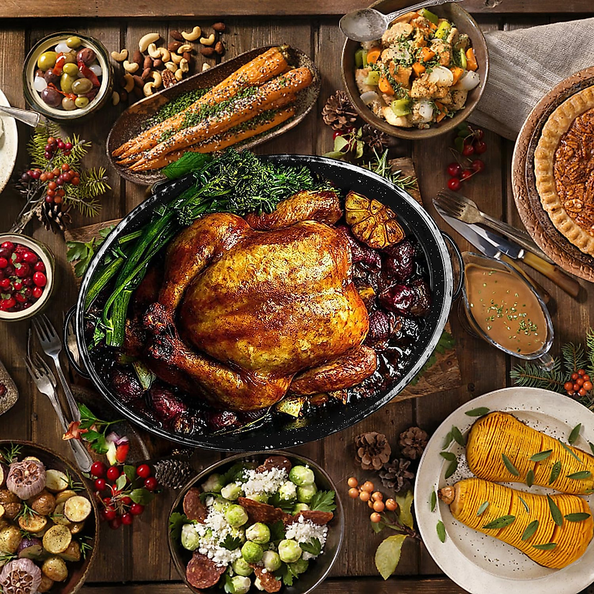 14.6 Inch Roaster Pan, Enamel Oval Turkey Roasting Pan with Domed Lid - Mother's Gift, Covered, Non-sticky, Free of Chemicals - Rôtissoire Chicken Meat Roasts Casseroles & Vegetables (14.6 Inch)