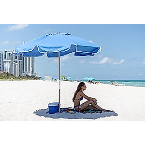 AMMSUN 7.5ft Heavy Duty HIGH Wind Beach Umbrella Commercial Grade Patio Beach Umbrella frames with Air Vent Ash Wood Pole & Carry Bag UV 50+ Protection Blue