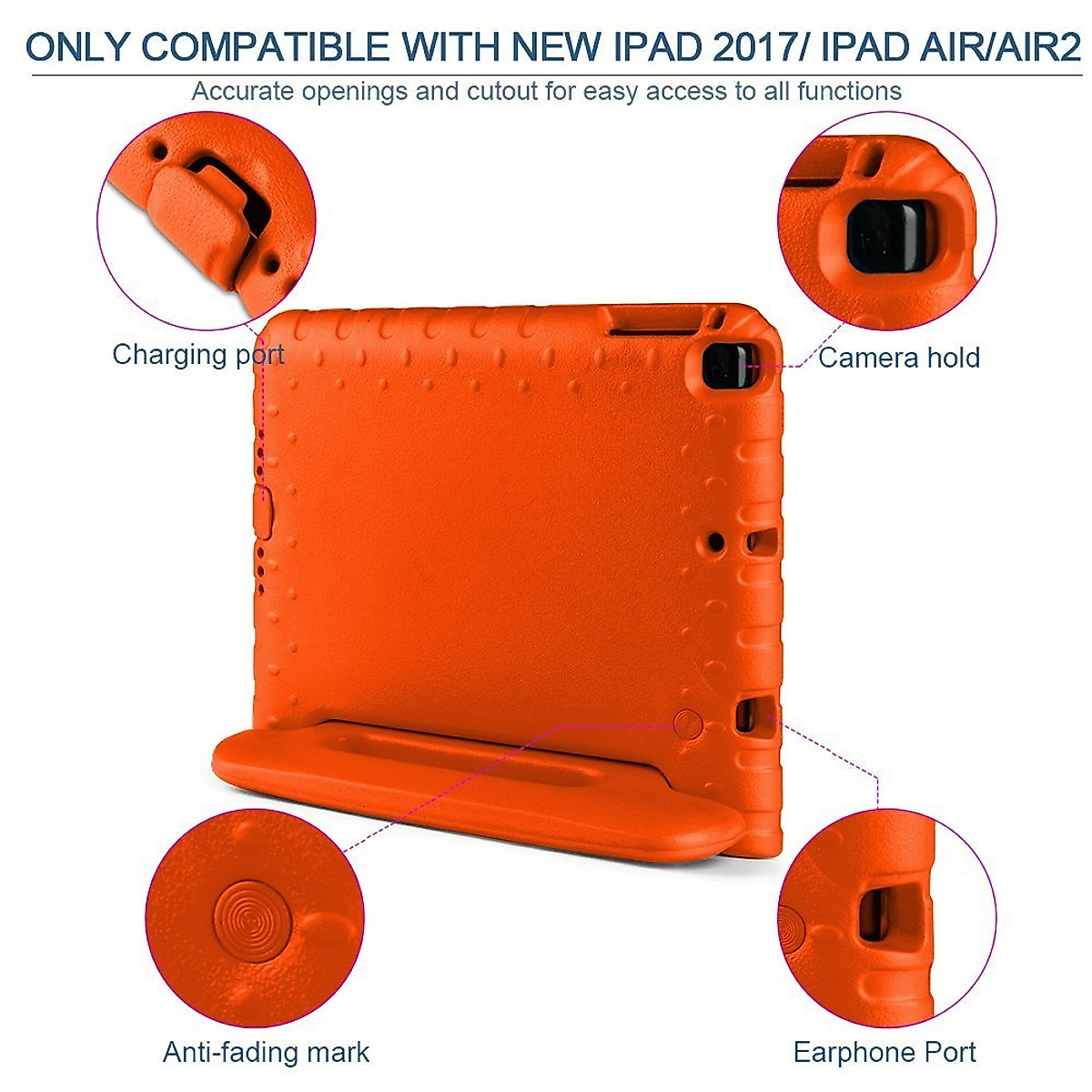 CAM-ULATA for iPad 9.7 Case Kids 2018/2017 Folio Stand Lightweight Kids Friendly for iPad Air 1 iPad Air 2 Protective Cover Handle Shockproof iPad Apple case 5th Generation 6th Generation Orange