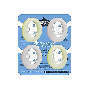 Tommee Tippee Breast-like night pacifier, 6-18 months with breast-like shape and glow in the dark technology, 4-Count, Pink/Yellow