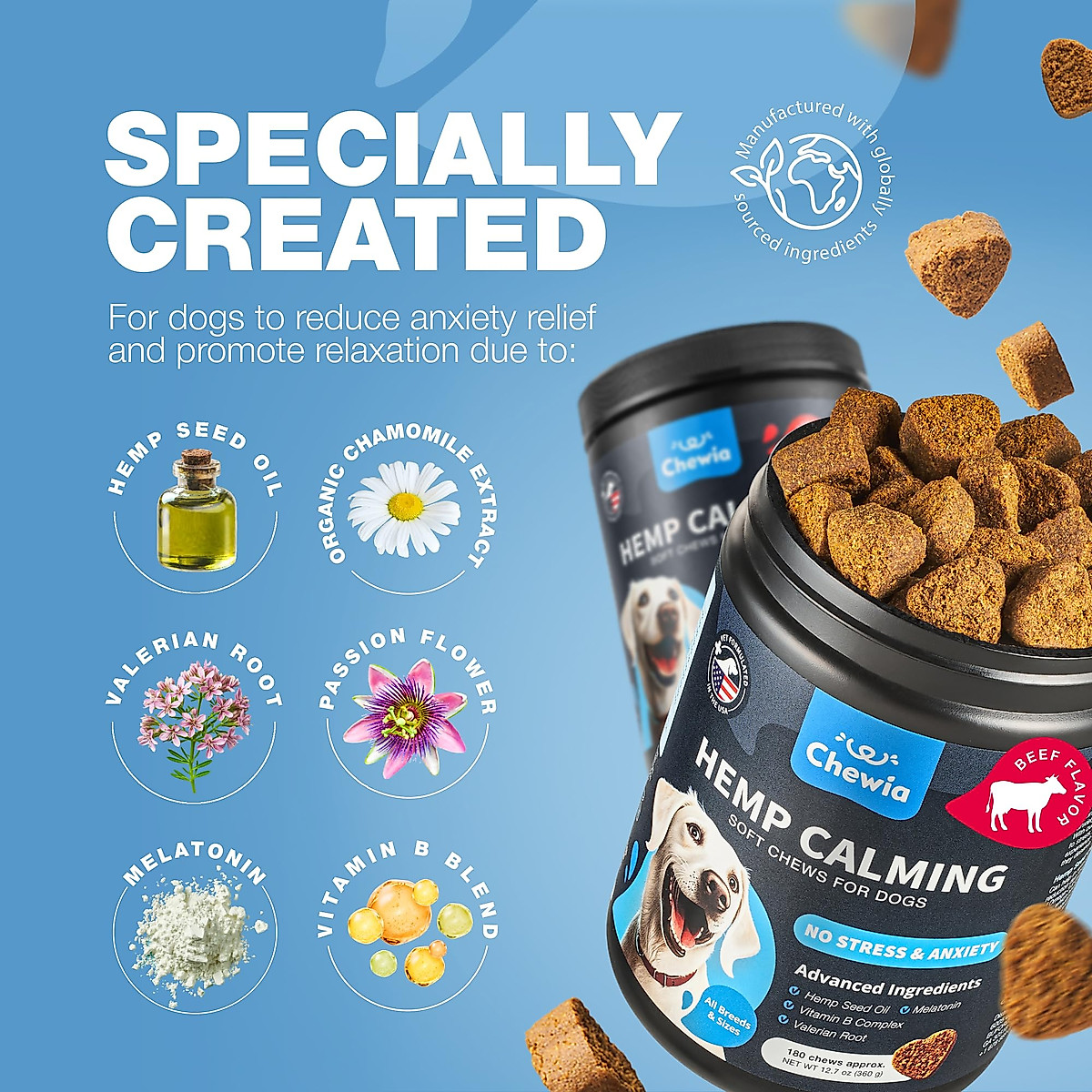 Hemp Calming Chews for Dogs - Dog Calming Treats - Anxiety Relief for Dogs with L-Theanine, Chamomile Extract, Valerian Root - Dog Anxiety Relief for Travel, Vet Visits, Thunderstorms, Nail Trimming