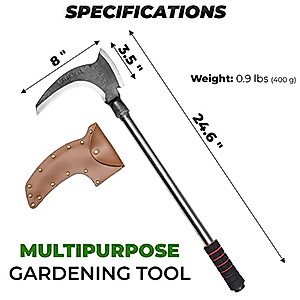 Scythe Garden Tool for Mowing Grass - 21-inch Anti-Slip Long Handle Weeding Scythe Sickle Garden Tool with Dual Scythe Blade and a Leather Sheath and a Small Sharpening Stone