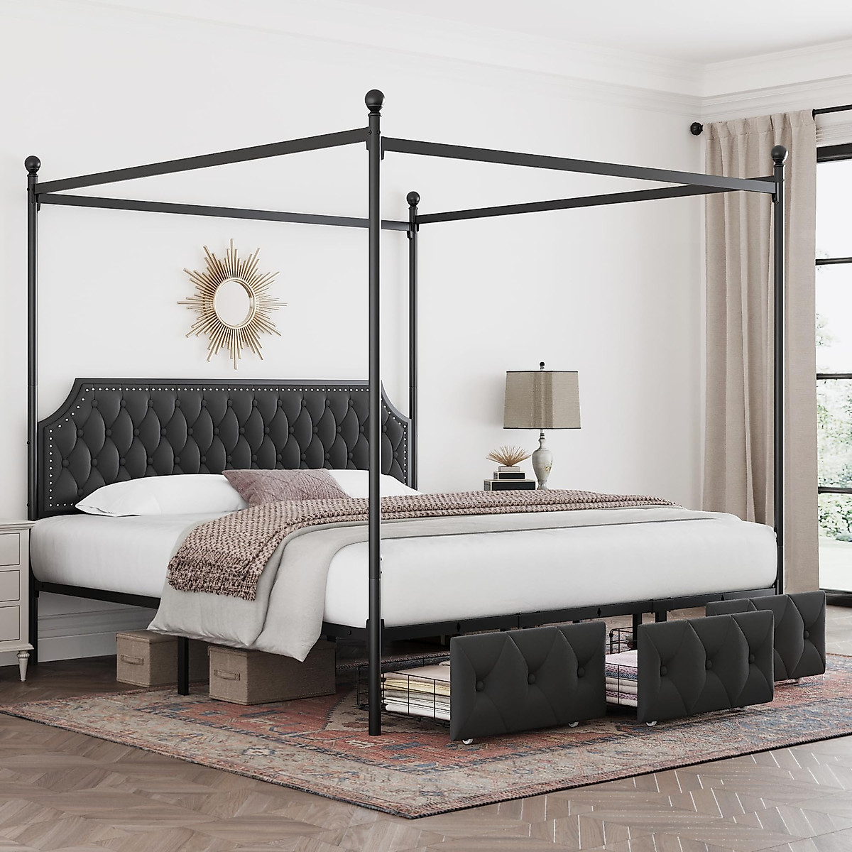 Keyluv King Upholstered Canopy Bed Frame with 3 Drawers and Button Tufted Headboard Metal Platform Bed with 4 Removable Posts Two-Purpose Velvet Bed No Box Spring Needed Dark Grey/Curtain Not Included