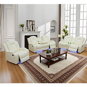 Ocstta Power Leather Recliner Sofa with LED Lights,Living Room Furniture Sofa Sets, Power Reclining Couch with USB Port/Storage Console/Cup Holders(Recliner Lovesesat, Cream White)